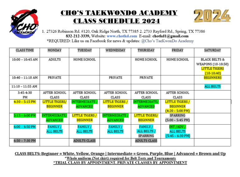 Schedule & Location – The Woodlands – CHO’S TAEKWONDO